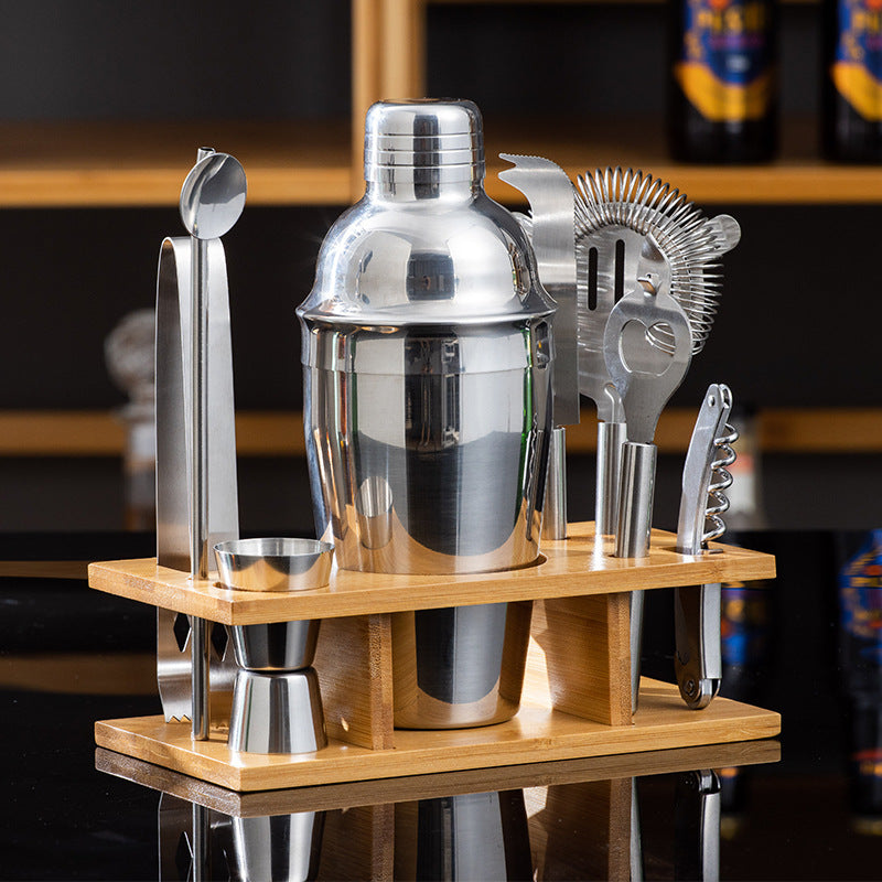 Wholesale Direct Supply Stainless Steel Cocktail Set with Wooden Base 9 ...